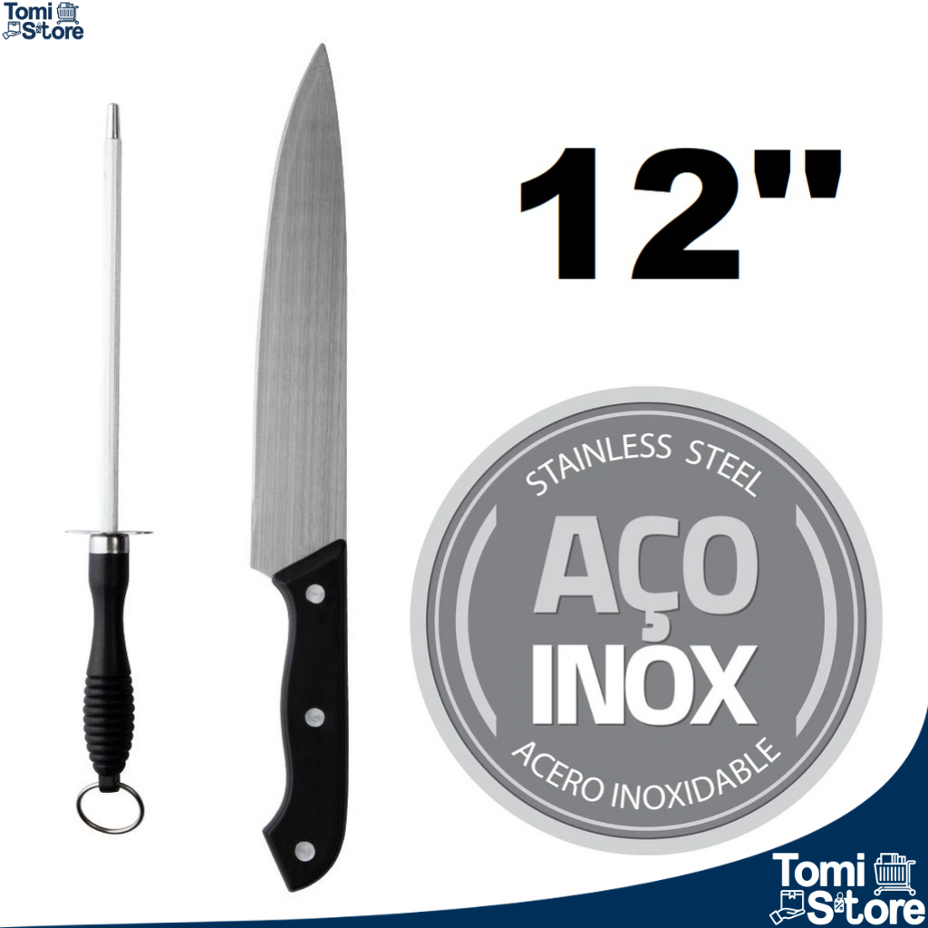 KIT FACA GRANDE 12” E CHAIRA EM INOX COM CABO PLÁSTICO CHURRASCO CARNE ...
