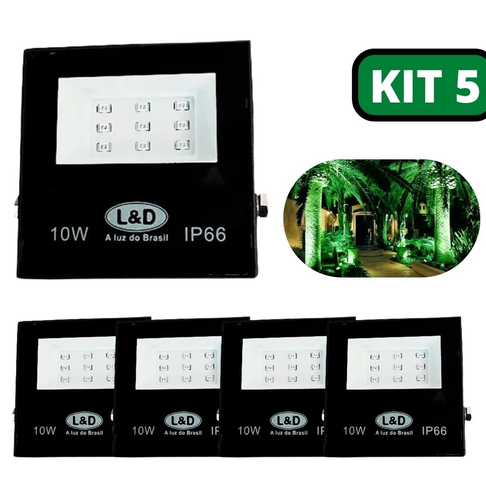 Kit 5 Refletor Led 10w Holofote Bivolt Slim Resistente Agua Verde IP66 | Shopee Brasil