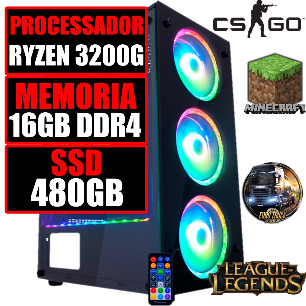 Cpu PC Gamer Computador Barato Completo RGB Ryzen 3200G / Placa Video ...