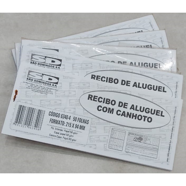 Bloco de Recibo de Aluguel 215x94mm 50 folhas - São Domingos | Shopee Brasil