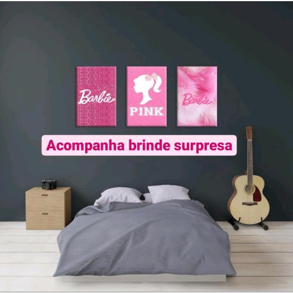 Kit 3 quadrinhos quadros barbie rosa pink girl infantil quarto | Shopee ...