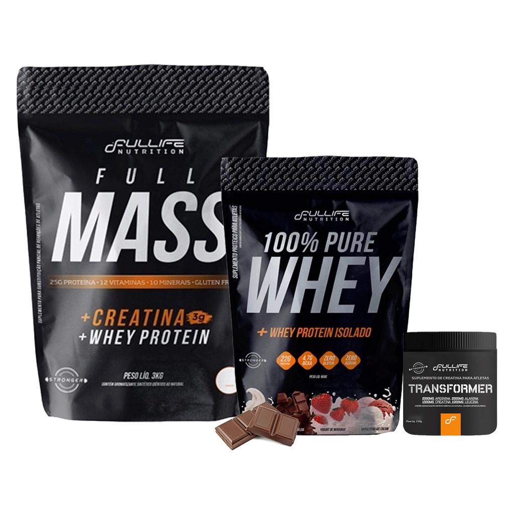 Hipercalórico Full Mass 3kg + Whey Isolado e Concentrado 900g + Pré Treino Transformer 150g ...