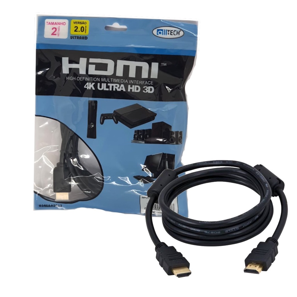 Cabo HDMI 2 metros 2.0 19 pinos 4K HD 3D ULTRA ALLTECH | Shopee Brasil