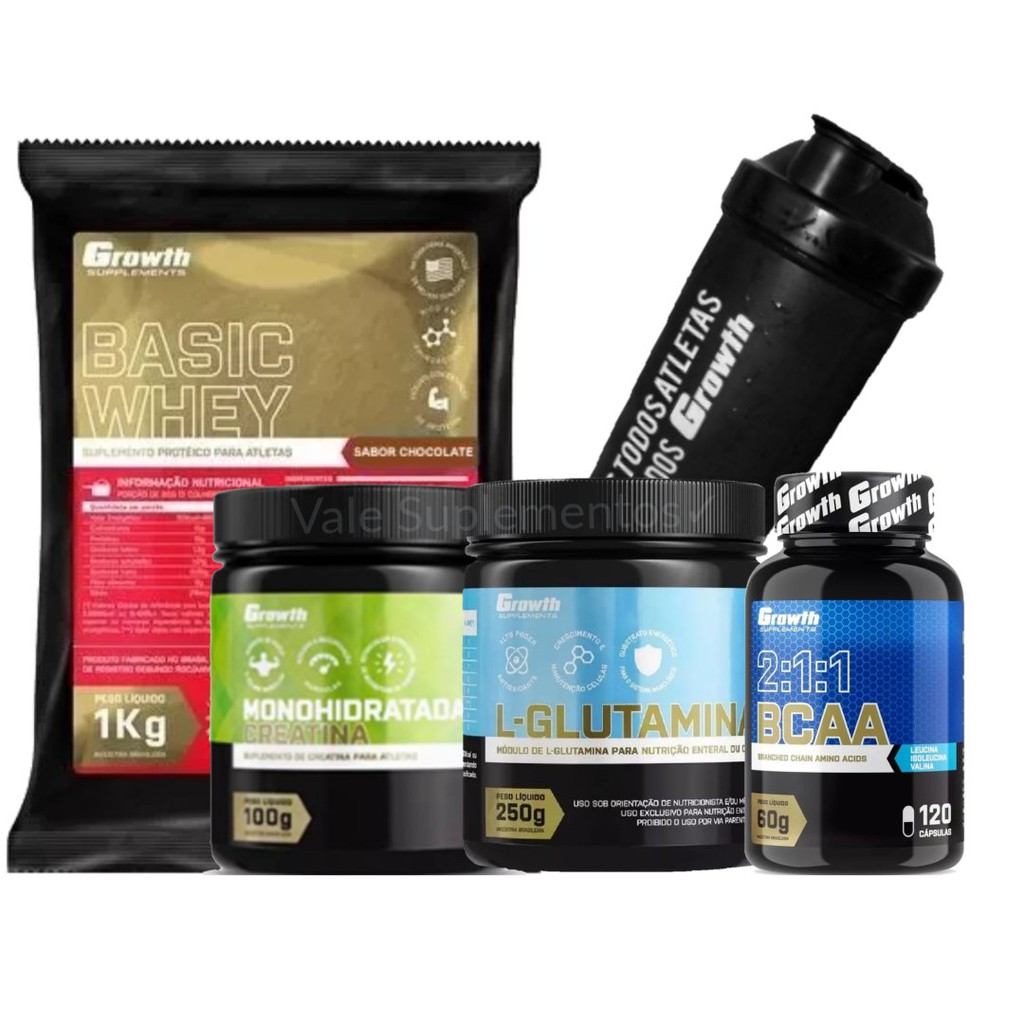 Kit Growth Whey + Bcaa + Creatina + Glutamina + Copo | Shopee Brasil