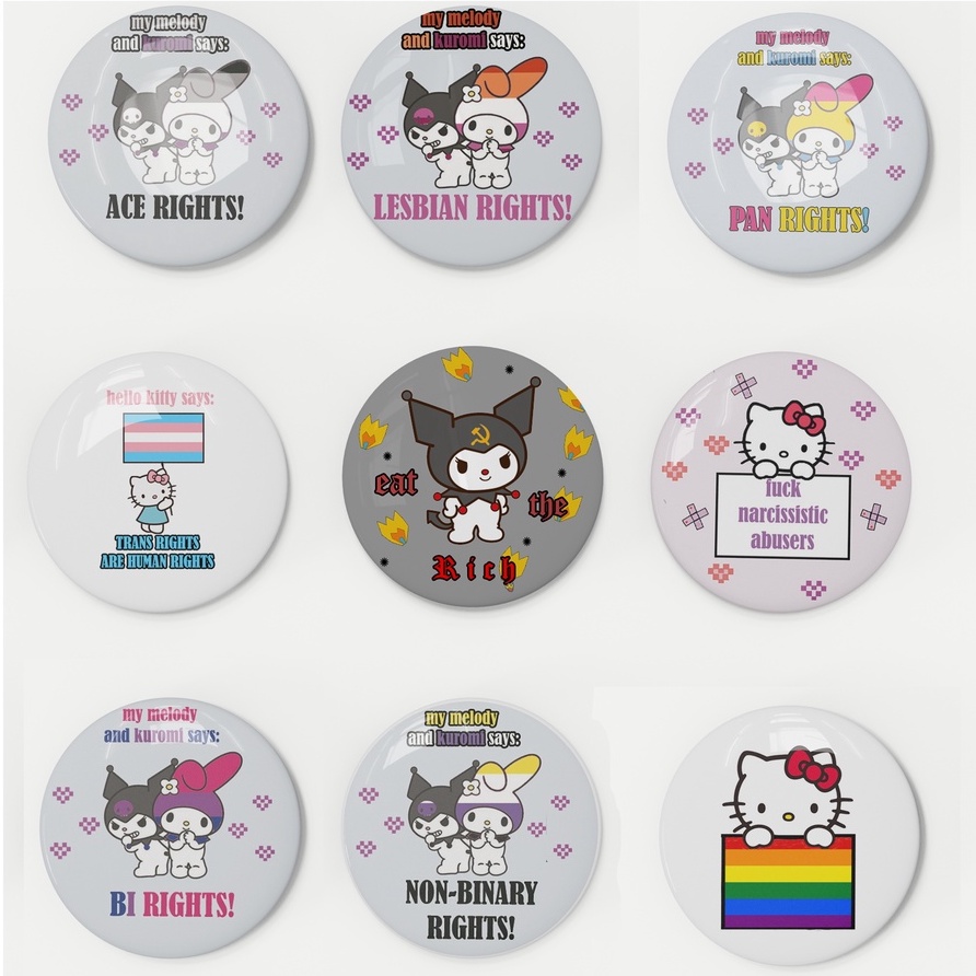 Bottons: Hello Kitty, My Melody e Kuromi LGBTQ+ - Sanrio (lesbian, bi, non-by, trans) | Shopee ...