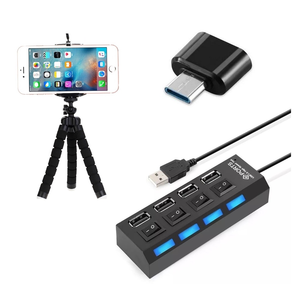 Kit Mobile Hub 4 Portas Usb + Adaptador Otg Tipo C + Suporte Tripé Flexivel Selfie - Faz a Boa!