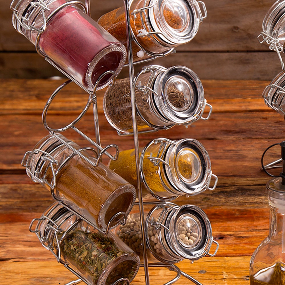 Conjunto 8 Potes para Temperos de Vidro com Tampa Hermética e Suporte ...