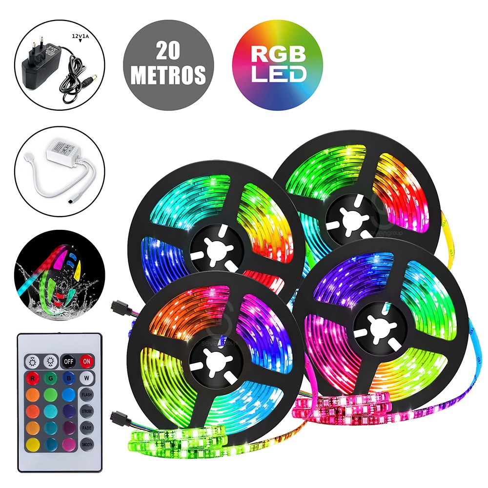 Fita Led 5050 Rgb Colorida Com Cola 20m Kit Completo + 4 Fonte - 4 ...