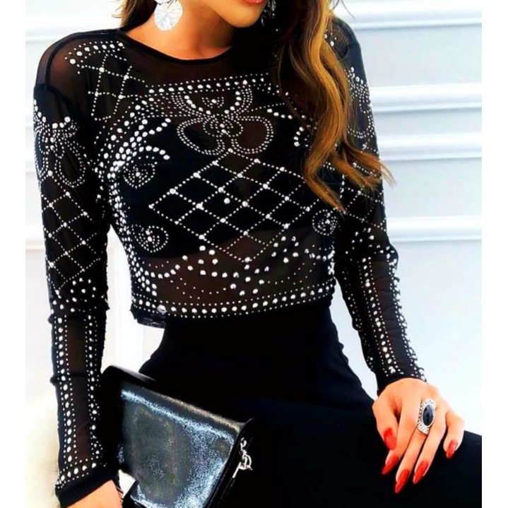 BARATO CROPPED LARISSA TULE PEDRARIA MANGA LONGA Mais Roupa Feminina ...