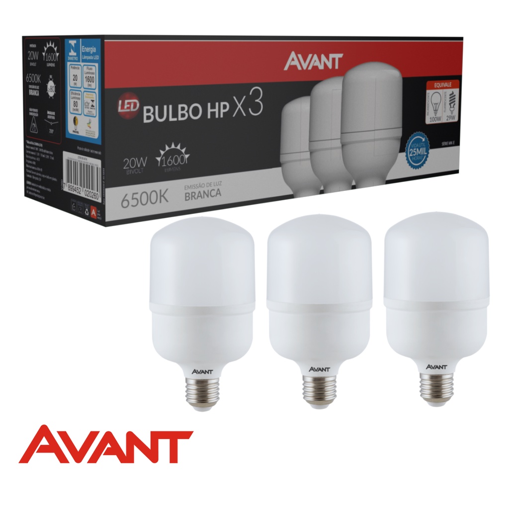 Kit 3 Lâmpadas Led Bulbo 20w E27 Bivolt Avant Alta Potência Casa Comércio Loja - Faz a Boa!