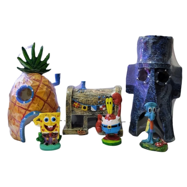 Enfeite Aquário Kit 3 Casas (abacaxi,restaurante,lula) 3 boneco(bob ...
