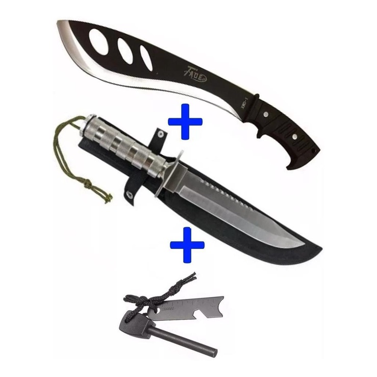 Facao Kukri + Faca Tatica Rambo Prata Aco Carbono + Pederneira | Shopee ...