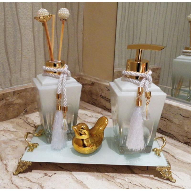 Kit Lavabo / Banheiro luxo Com Bandeja em dourado | Shopee Brasil