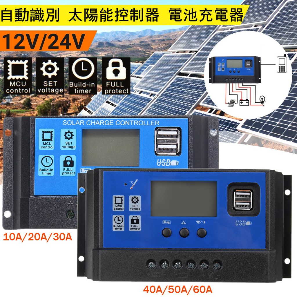 Controlador De Carregador Solar Dual USB PWM 12V/24V 10A 20A 30A 40A 50A 60A 100A Regulador ...