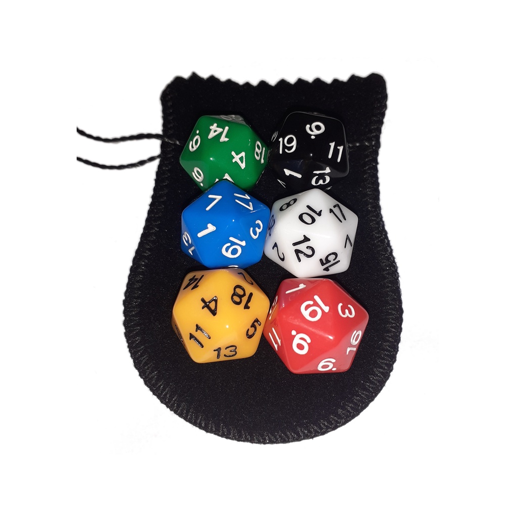 Kit C/ 06 Dados D20 Rpg D&d Magic Mtg + Bolsa - Melhora o Preço