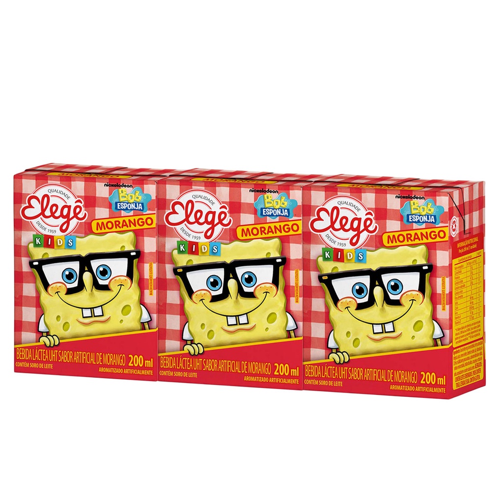 Kit 3 Bebidas Láctea UHT Elegê Bob Esponja Morango 200ml | Shopee Brasil