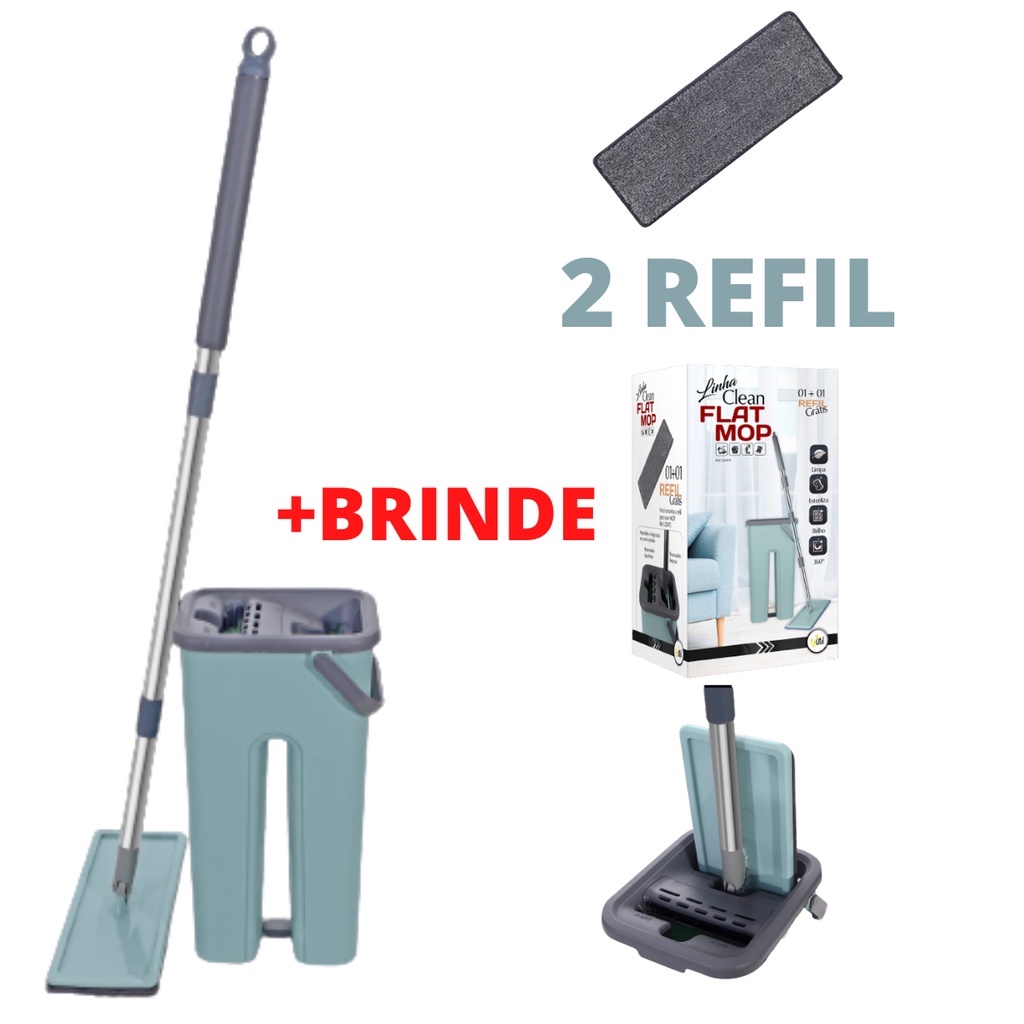 FLAT MOP COM 2 REFIL BALDE MOPI LIMPEZA PISO COMPACTO 360 ESFREGAO ...