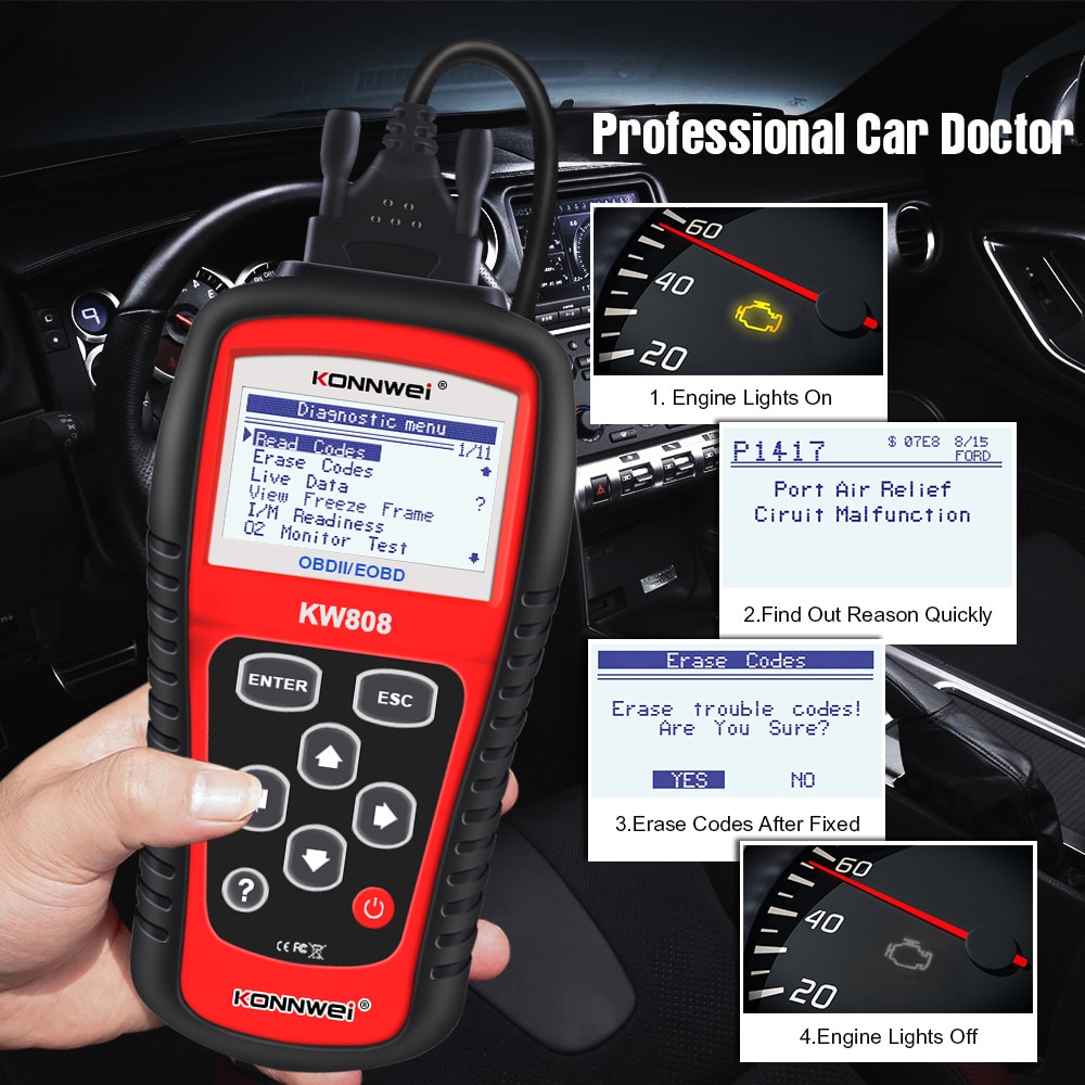 OBD2 Scanner KONNWEI KW808 Ferramenta De Diagnóstico Automotivo OBD 2 Leitor De Código Do Motor ...