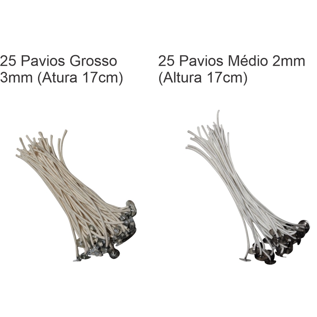 pavio de vela médio (2mm) (25und) + pavio de vela grosso (3mm) (25 und ...
