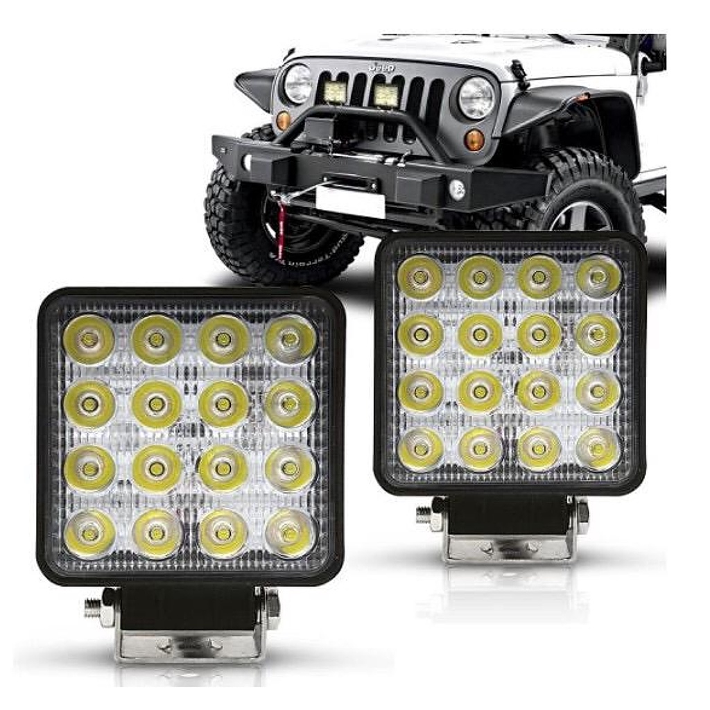 KIT 2 Farol Led Quadrado Redondo Milha 48w 16 Leds Carro Moto Caminhão ...
