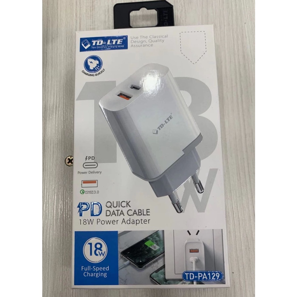 Tomada Carregador de parede TD-LTE 18W Com Uma saida Tipo-c e Uma Usb Turbo 3.0 Quick Charge ...