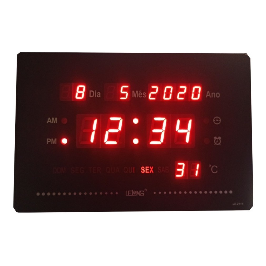 Relogio 24h Parede Led Dia Mês Semana Alarme Bateria mesa Inter-p ...