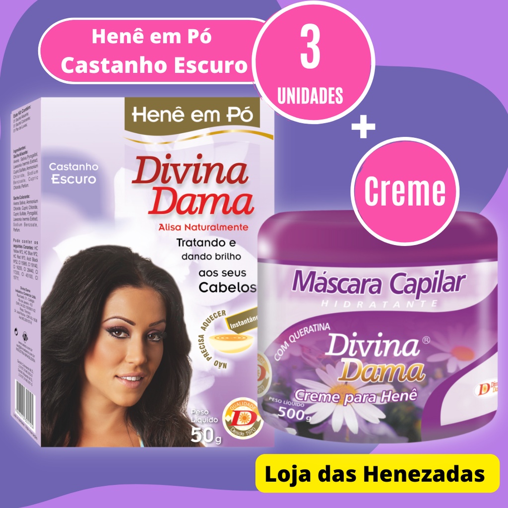 Henê Em Pó Castanho Escuro Divina Dama 50gr - KIT C/3UN + Creme ...