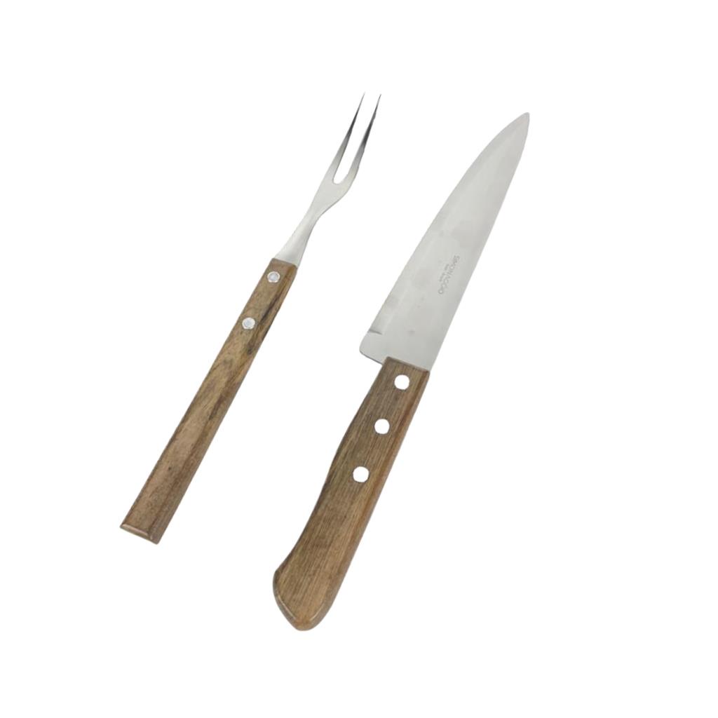 Conjunto Garfo e Faca Afiada Inox 8" Para Churrasco Cabo de Madeira ...