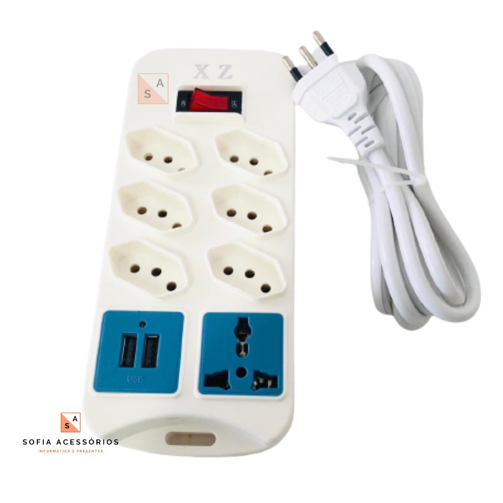 Extensão 6 Tomadas 2 Usb + 1 Tomada Universal Cabo De 2m Promoção ...