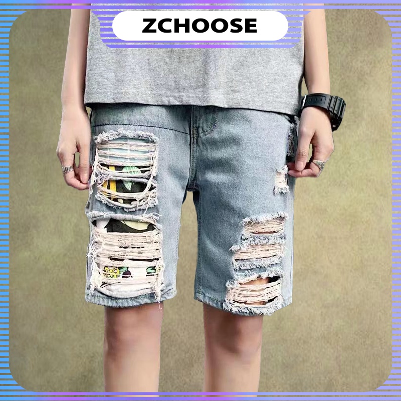 Shorts Jeans Rasgado Em Modelagem Reta Para Masculino/Verão | Shopee Brasil