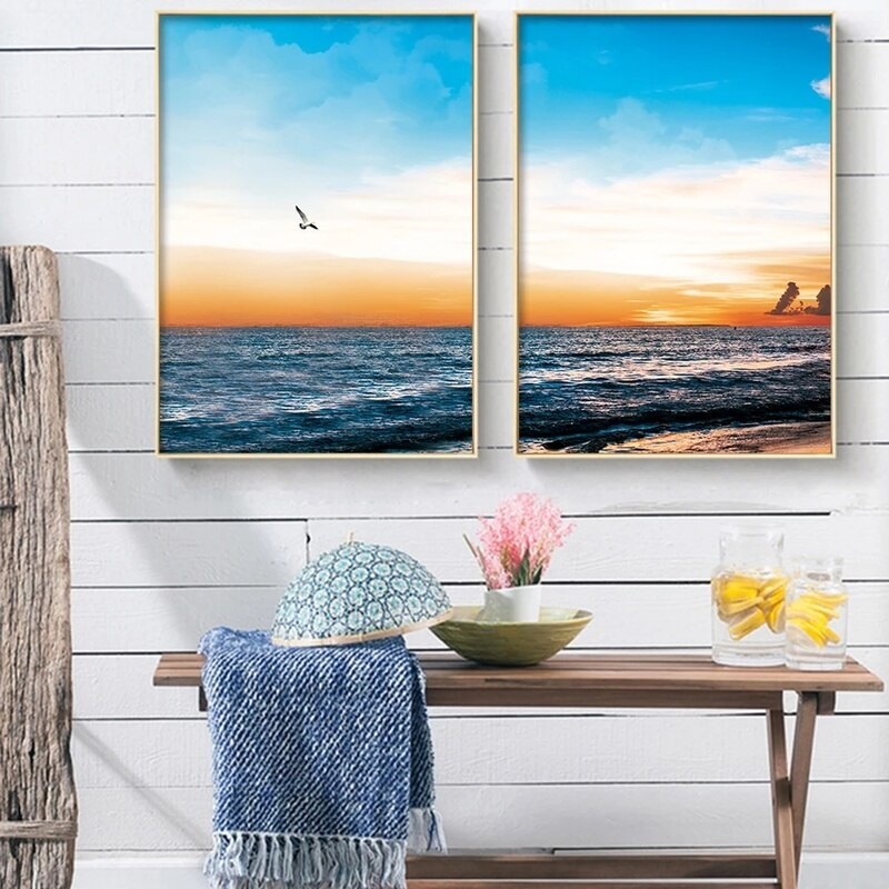 Quadro decorativo 2 peças 40x60 Pôr do sol mar natural praia gaivota ...