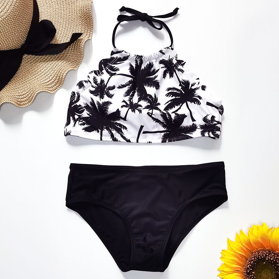 5-14 Years Biquini Palm Tree Print Girl Bikini Swimsuit Kids Halter Top ...