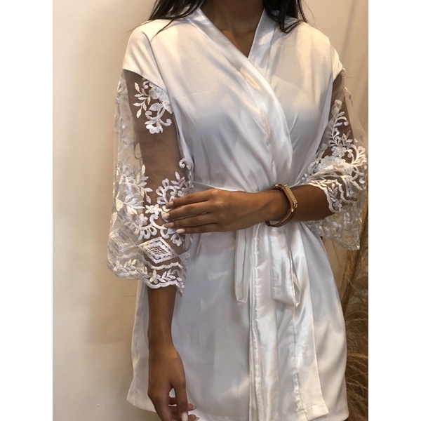 Robe de Noiva Cetim Com Manga de Tule Bordado | Shopee Brasil