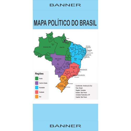 Painel Em Lona Banner Mapa Politico do Brasil 0,65 x 1,20 Didático ...