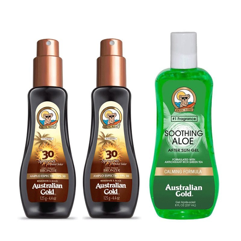 KIT 2 PROTETORES SOLAR SPRAY AUSTRALIAN GOLD FPS30 125ml + PÓS SOL ALOE ...
