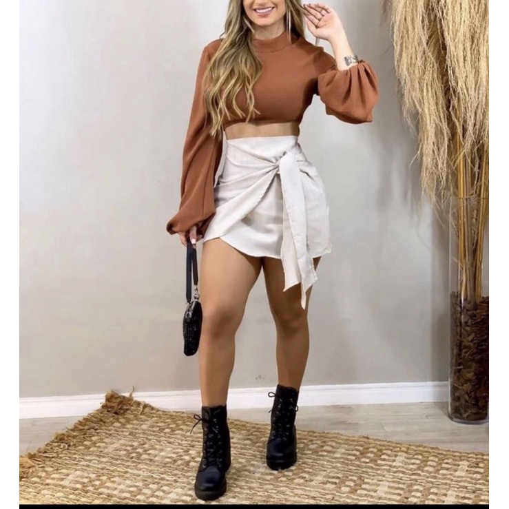 Saia linho curta pmg | Shopee Brasil