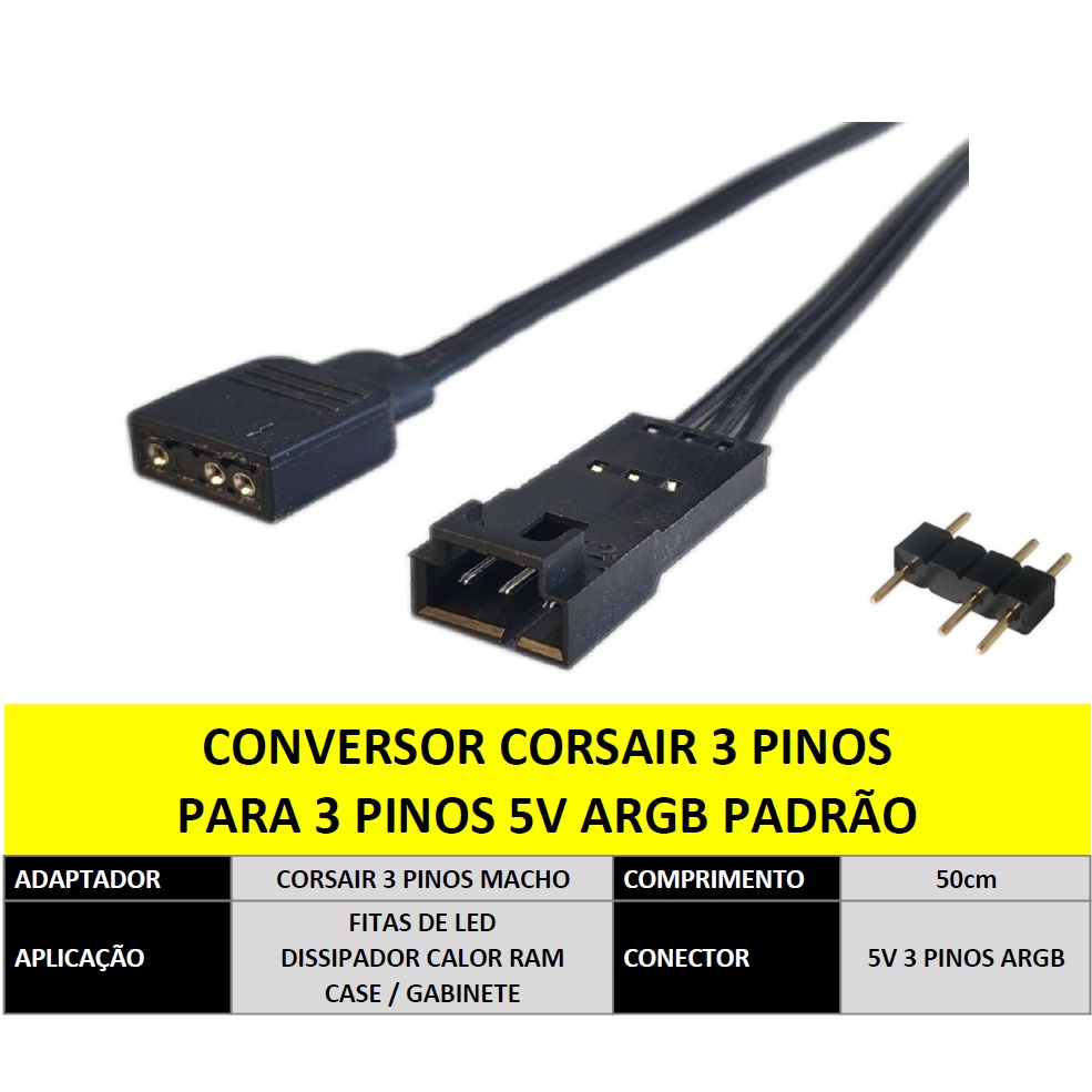 Cabo Adaptador Corsair 3 Pinos Macho ARGB 3 Pinos 5V Cooler Fan ...