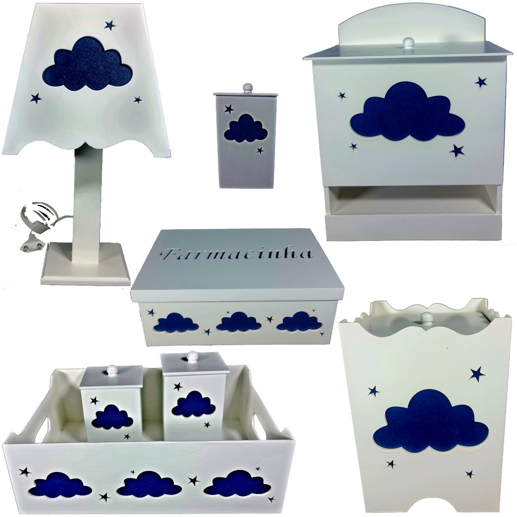 kit farmacinha higiene bebe mdf decorado 8 pçs - NUVEM AZUL MARINHO ...