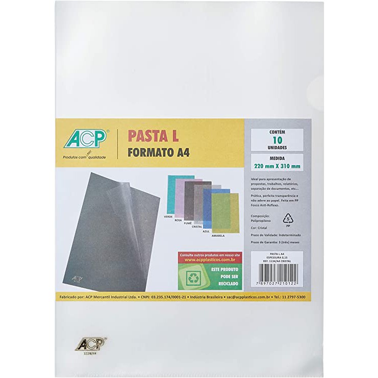 Pacote com 10 Pastas em L Cristal Transparente A4 Modelo 1134 ACP Ideal ...