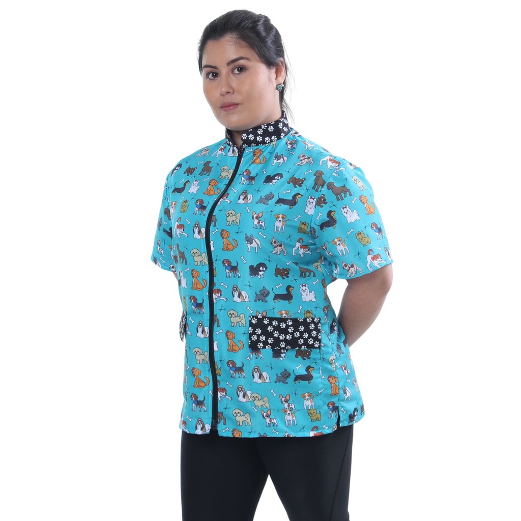 Uniforme Groomer Feminino Estampado Azul Turquesa | Shopee Brasil