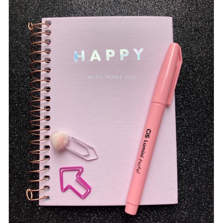 Kit caderno Happy rosa, espiral rosé gold com clips e caneta marca ...