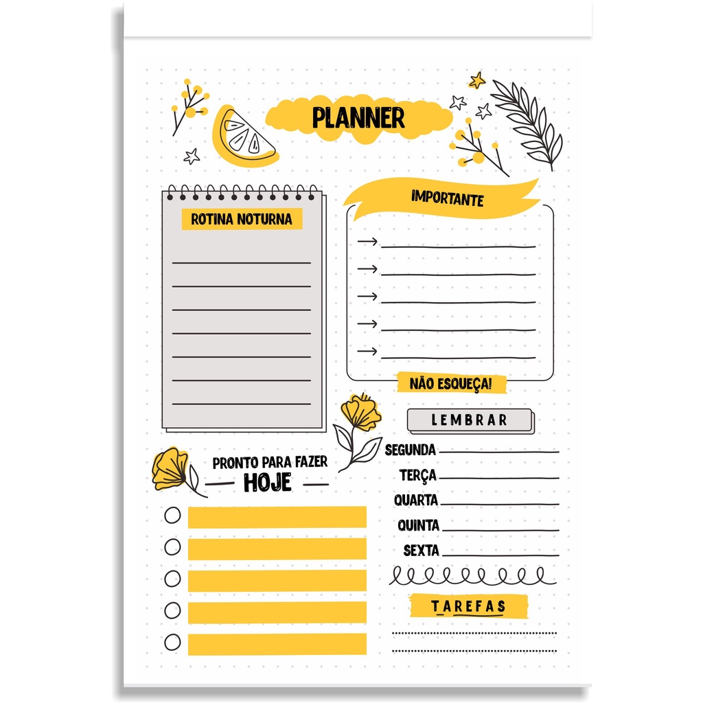 Planner Semanal Amarelo Medida 14,8 X 21,0 cm Rotina Noturna Tarefas ...