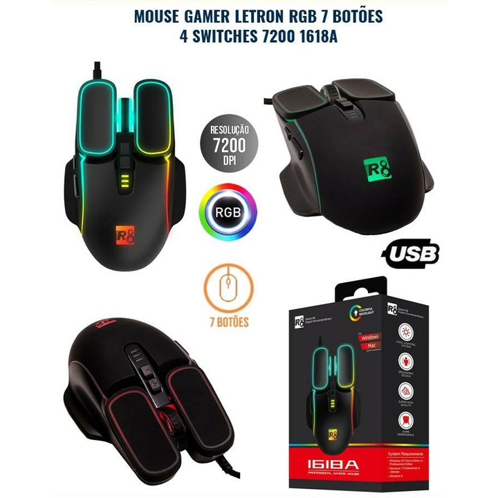 Mouse USB Gamer Led Rgb 7200DPI 7 Botões 1618A | Shopee Brasil