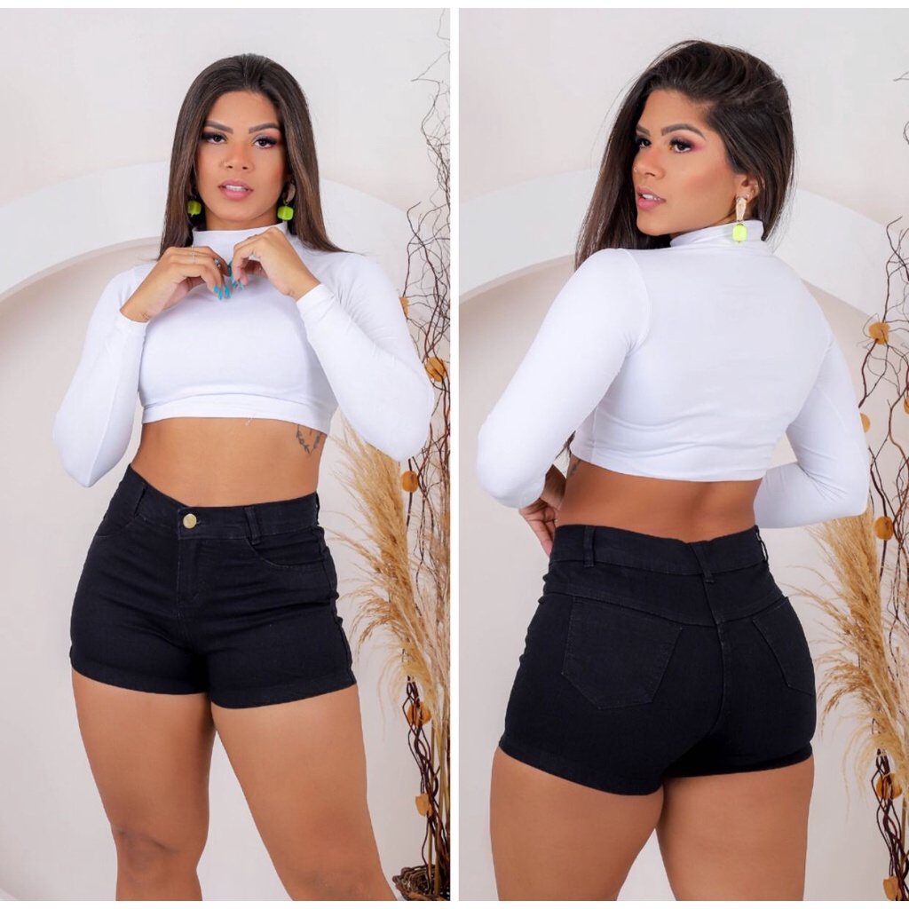 Short Jeans Preto Feminino Cintura Alta Cos Alto Desfiado Hot Pants ...