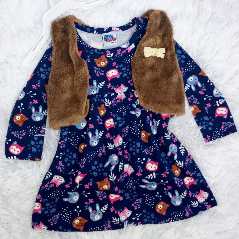 Vestido Manga Longa + Colete Felpudo Conjunto Feminino Infantil P M G ...