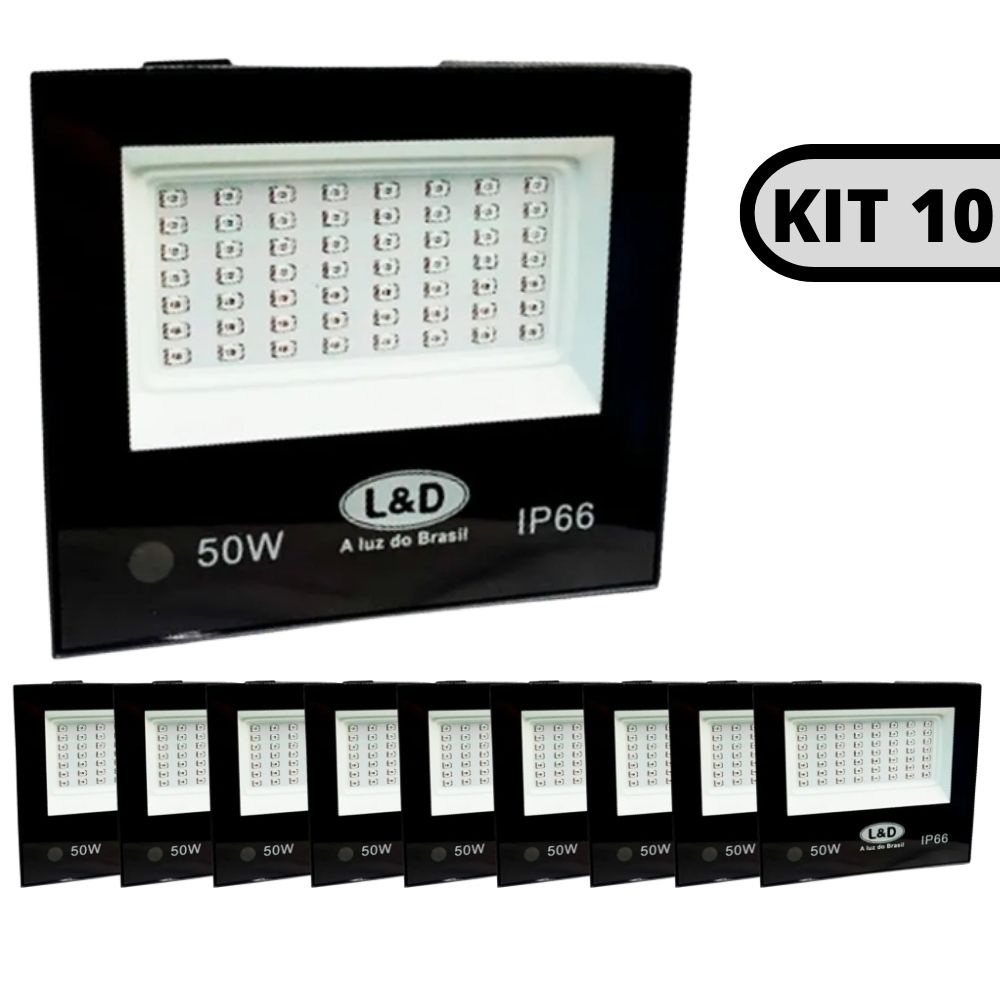 Kit 10 Refletor Led 50w Holofote Bivolt Slim Resistente Agua Branco Frio IP66 6500K | Shopee Brasil