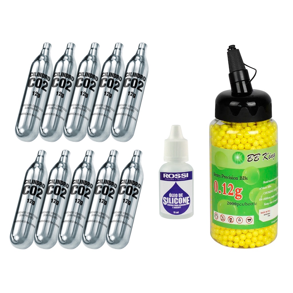 10 Cápsulas de Co2 12g Recarga Pistola Airsoft , 2000 Esferas BBs 0.12g e Óleo de Silicone 15ml ...