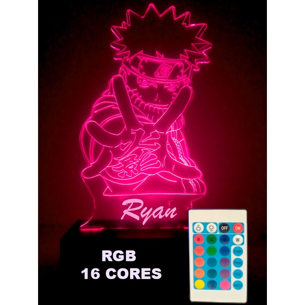 Luminária Abajur Naruto RGB 16 Cores com Controle Remoto e Nome ...