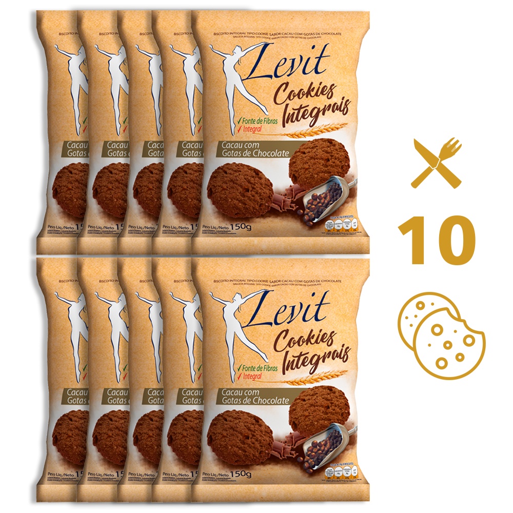 10 Pacotes Biscoito Cookie Integral Cacau/choco Levit 150g | Shopee Brasil
