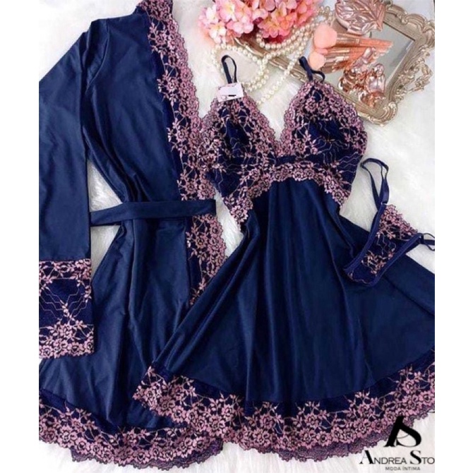 kit luxo camisolas e Robe (acompanha calcinha fio duplo ) | Shopee Brasil